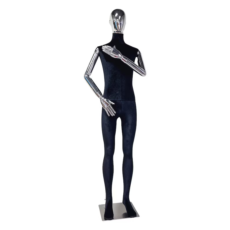 DE-LIANG Black Velvet Male Full Body Mannequin: Silver Arms & Base, Me ...